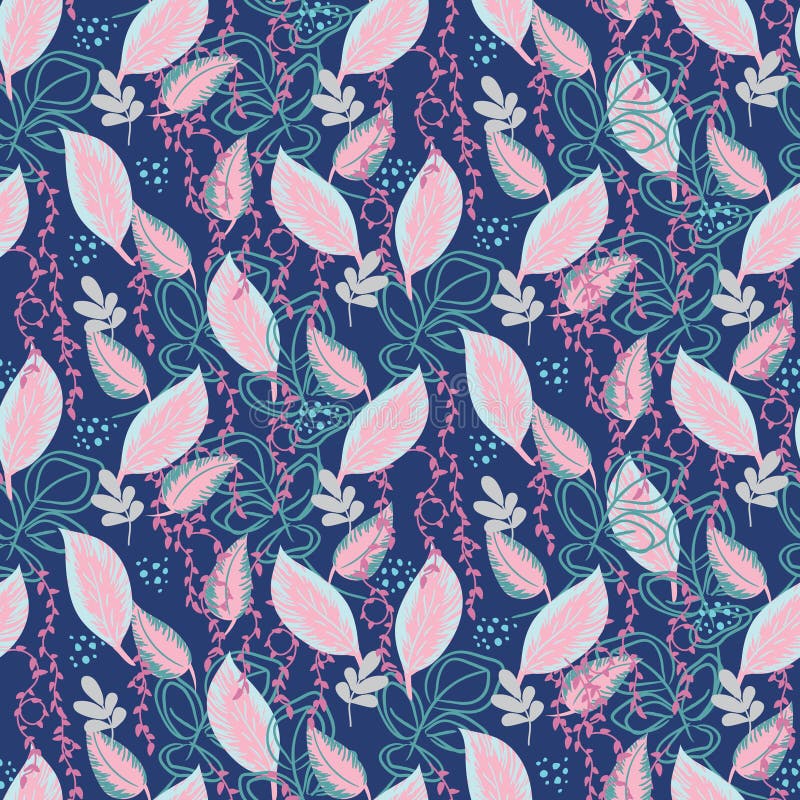 Botanical Plants Seamless Vector Pattern. Leaves Repeat Blue and Pink ...
