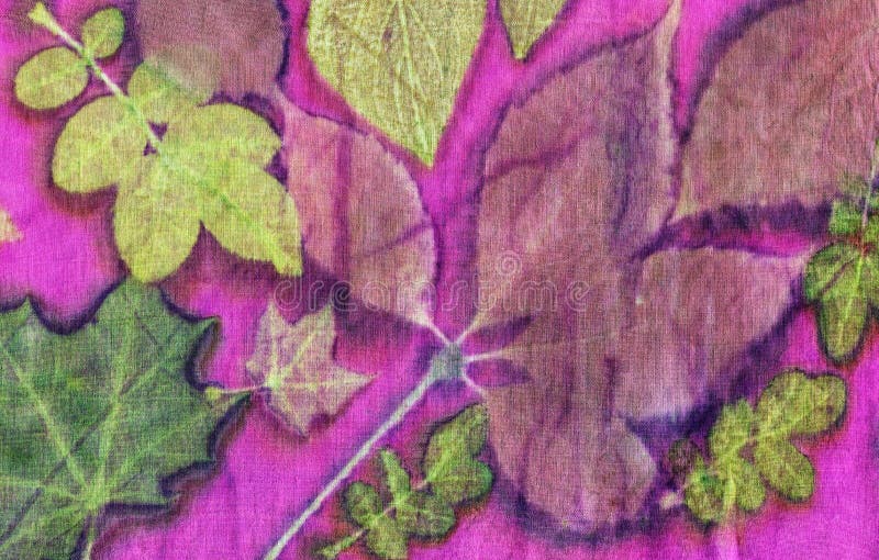 Botanical Print with Leaf Prints on Natural Silk Stock Image - Image of ...
