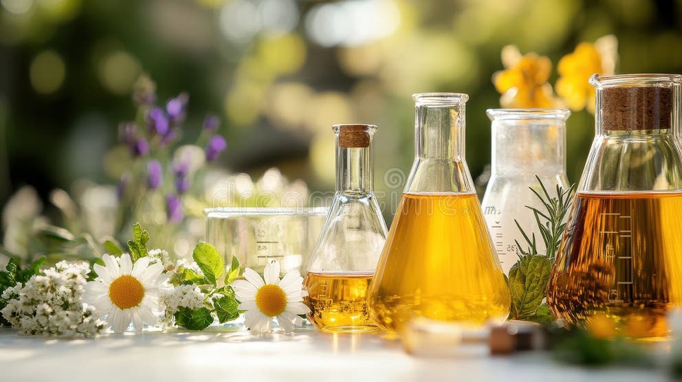 Botanical Science Herbal Extracts and Essences in Laboratory Glassware ...