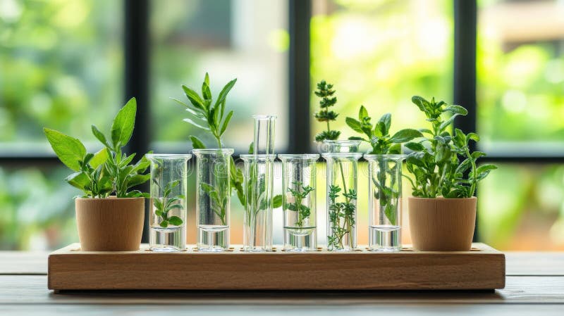 Botanical Science Herbs and Plants in Glassware Displayed on a Wood ...