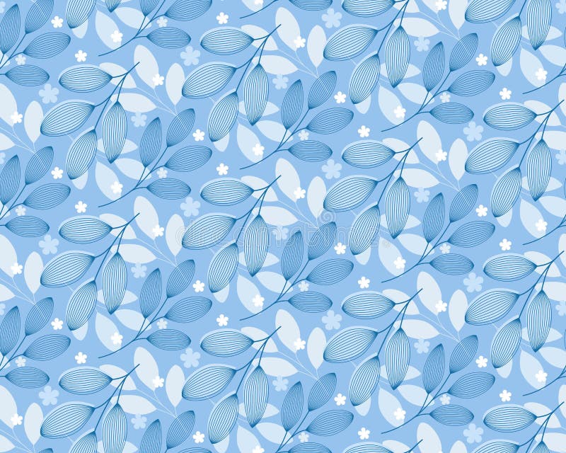 Botanical Seamless Blue Pattern with Line Art and Filled Leaves and ...