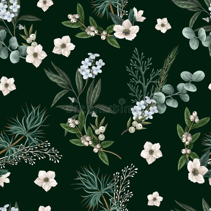 Botanical Seamless Pattern with Christmas Flowers and Elements. Vector ...