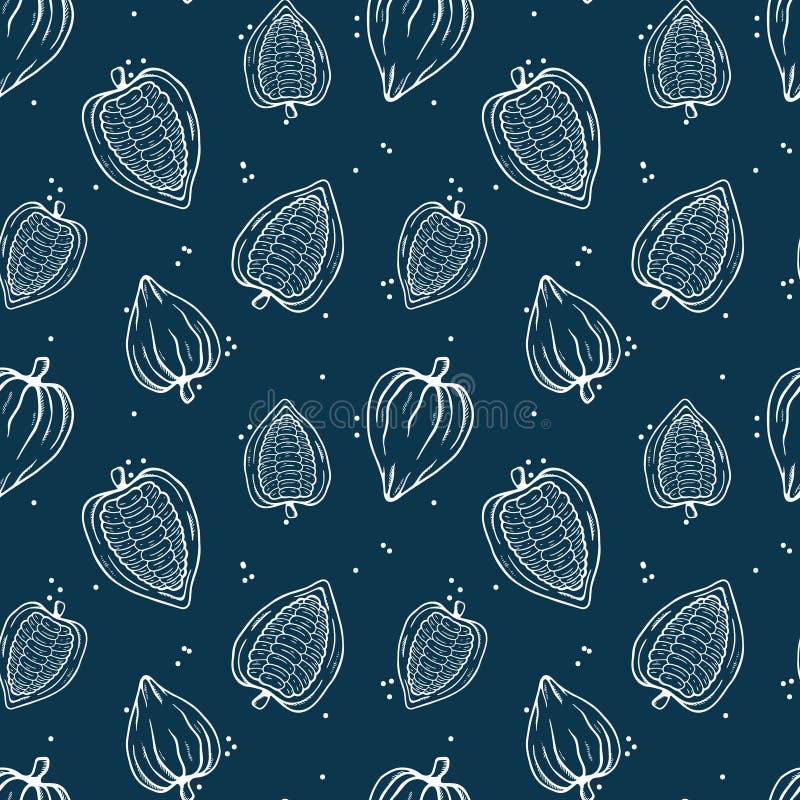 Botanical Seamless Pattern with Hand Drawn Fruits and Beans on a Blue ...