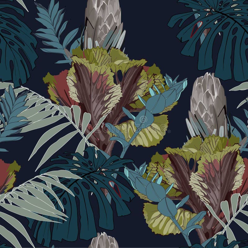 Botanical Seamless Pattern, Hand Drawn Various Plants in a Blue, Brown ...