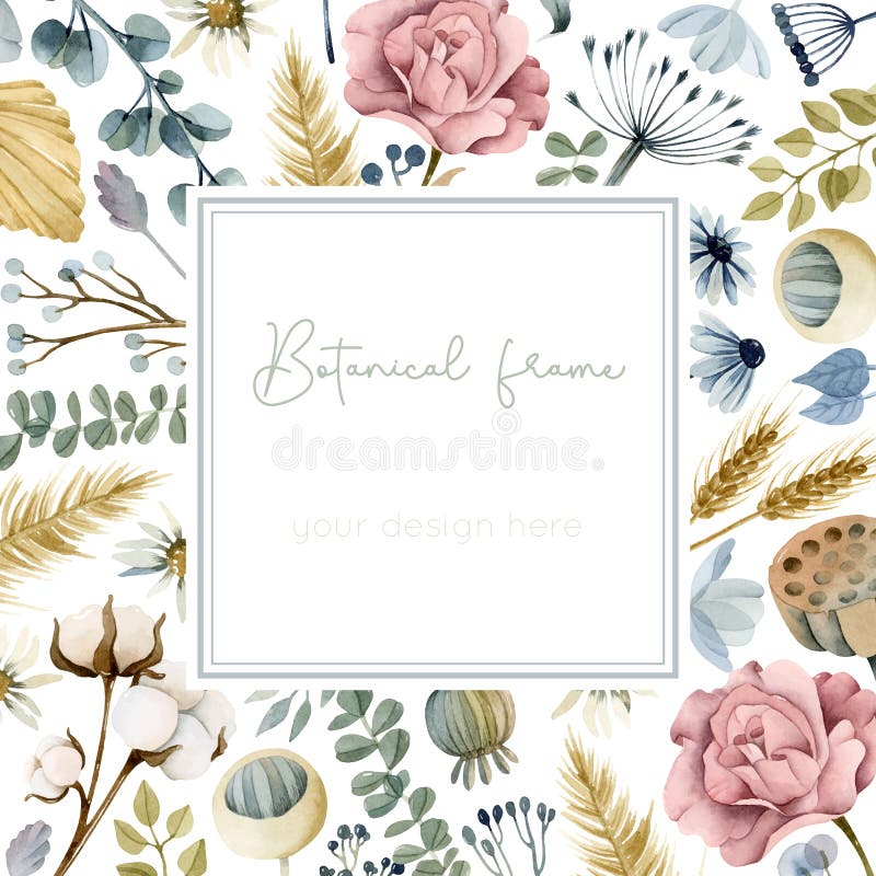 Botanical Square Frame Watercolor Boho Flowers Stock Illustration ...
