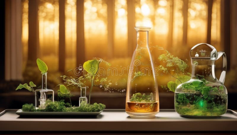 Botanical Studies with Flasks and Forest Background Stock Image - Image ...