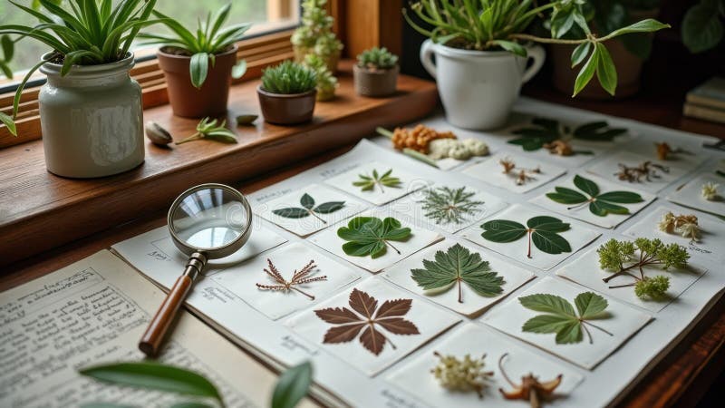 Botanical Study of Diverse Plant Leaves and Specimens with Magnifying ...