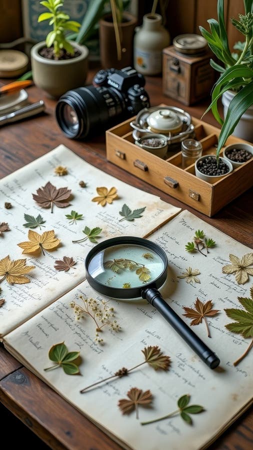 Botanical Study with Magnifying Glass on Desk Featuring Pressed Leaves ...