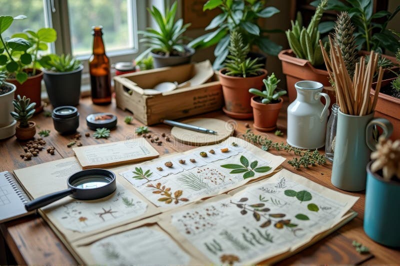 Botanical Study Setup with Various Plants and Nature-inspired Tools on ...
