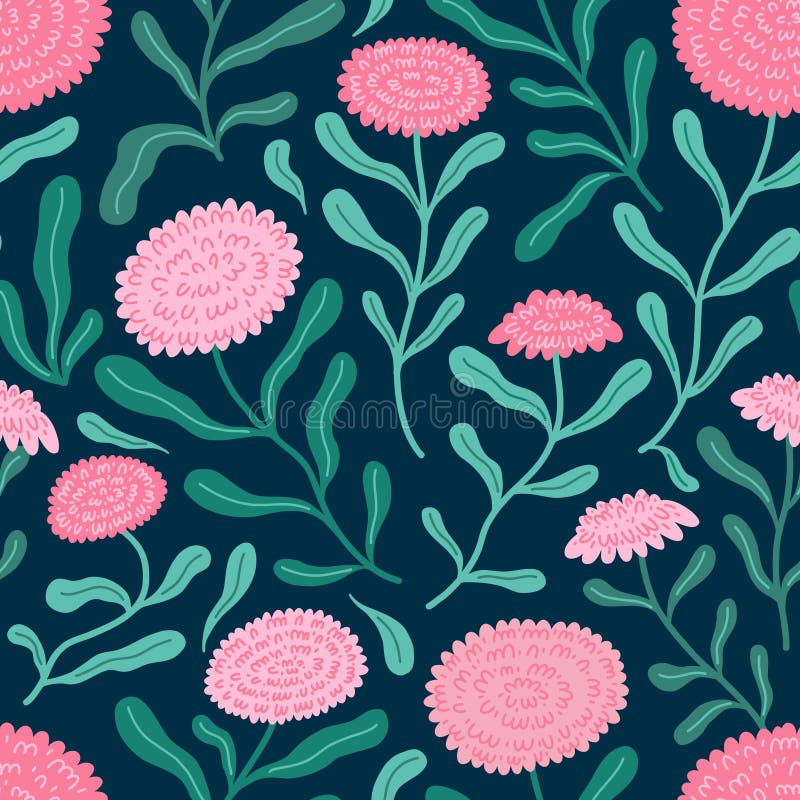Botanical Vector Pattern with Pink Flowers on the Dark Blue Background ...