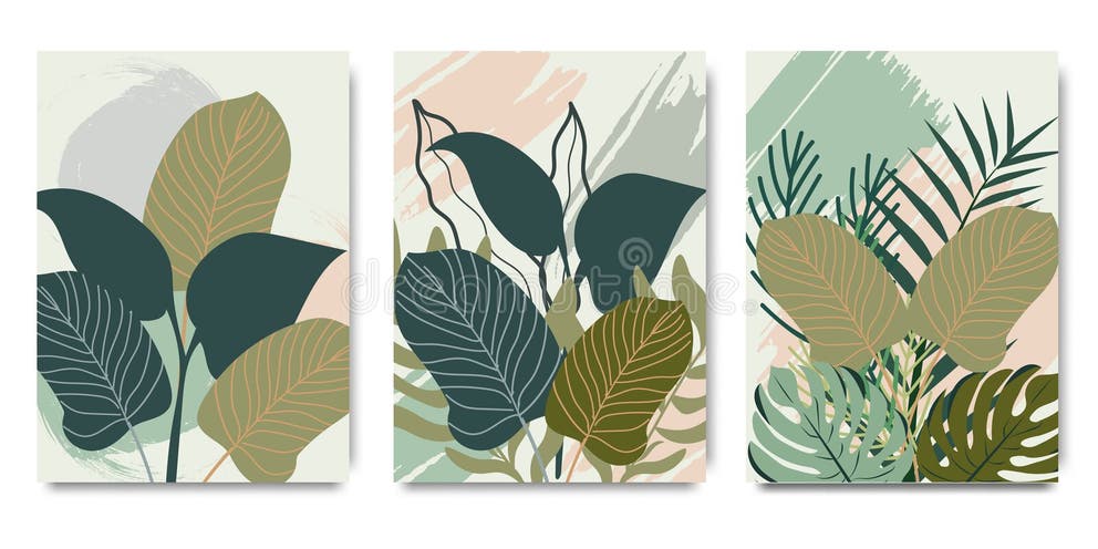 Botanical Wall Art Vector Set. Tropical Foliage Line Art Drawing with ...
