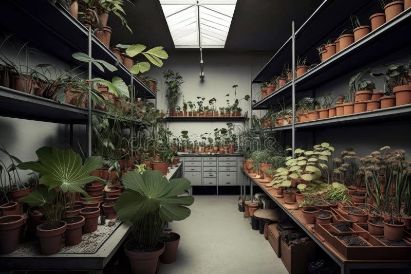 Botany Lab with Rows of Potted Plants. Generative AI Stock Illustration ...