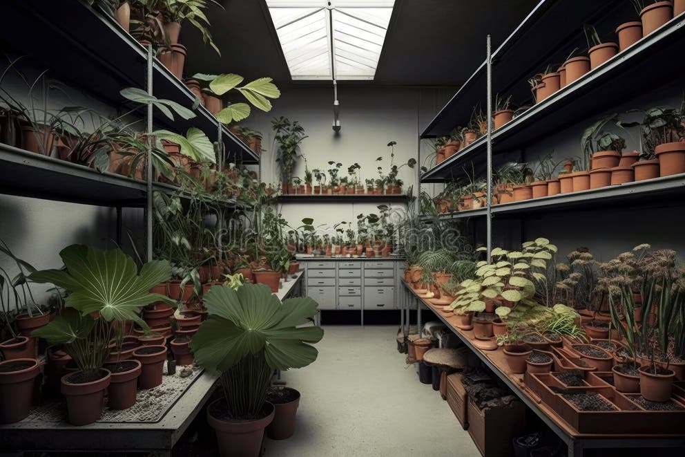 Botany Lab with Rows of Potted Plants. Generative AI Stock Illustration - Illustration of ...