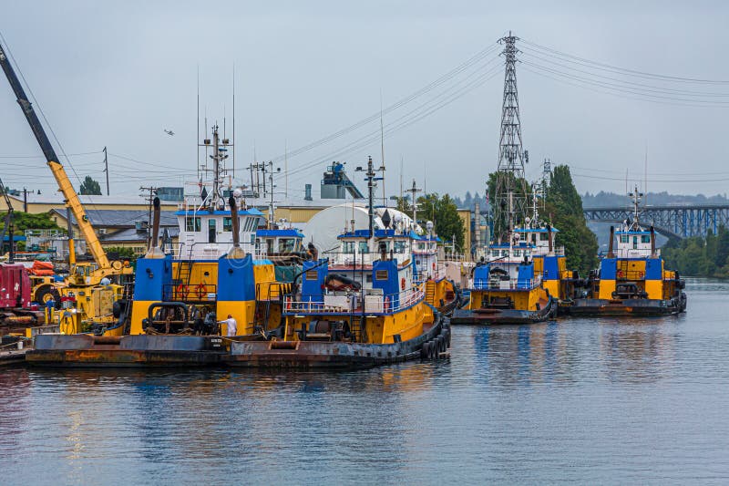 Botes Tuglanes Azules Y Amarillos Imagen de archivo editorial - Imagen ...