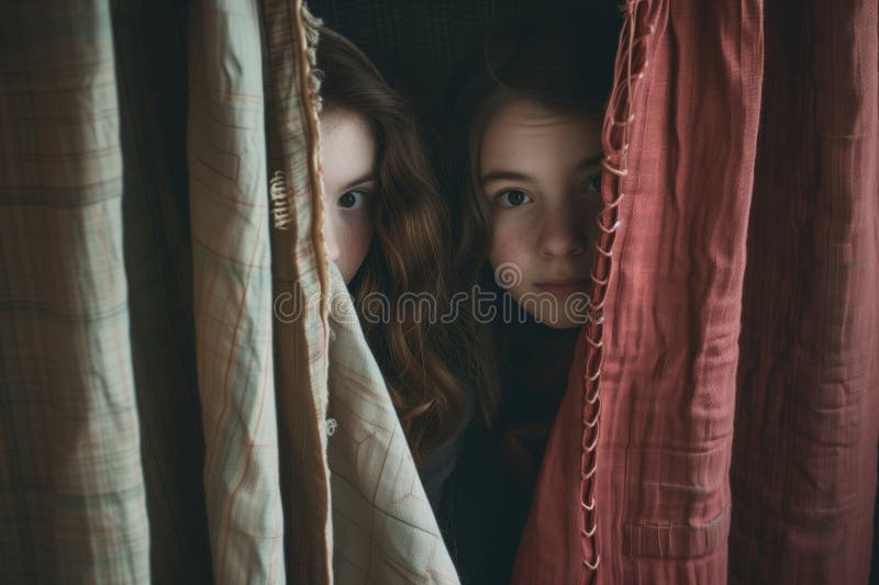 Both Peeking Out from Behind a Curtain Side by Side Stock Photo - Image ...