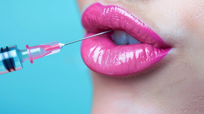 Botox Injection into Pink Lips with Syringe on Blue Backdrop, Top View ...