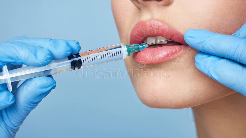 Botox Syringe Injecting Lips on Blue Background, Space for Text, Top ...