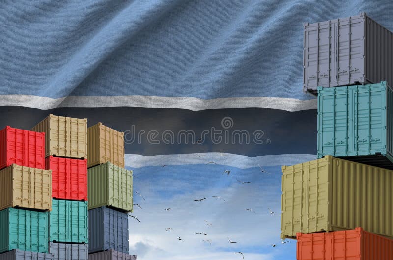 Botswana Flag and Big Stack of Shipping Cargo Containers in Docks with ...