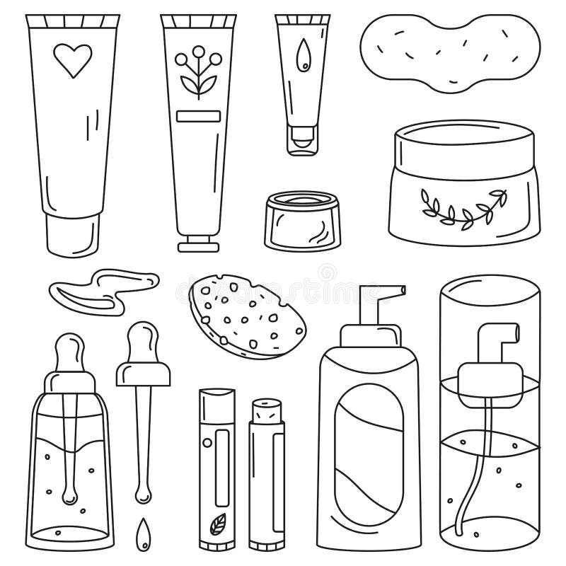 Set of Hand Drawn Doodle Outline Elements of Facial Skin Care Products ...