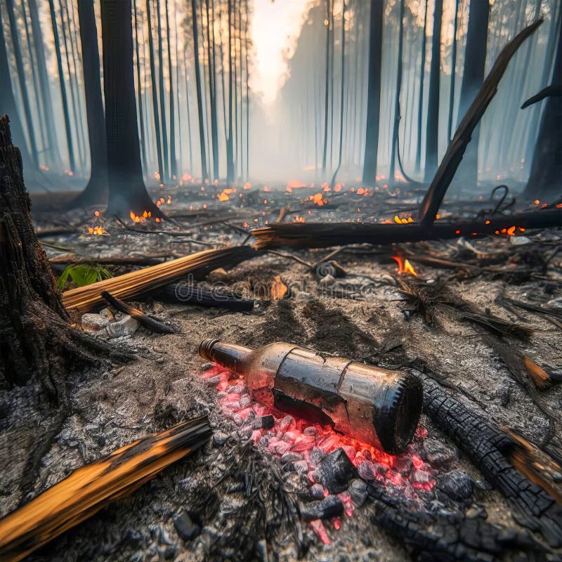 A Bottle of Alcohol is Burning on the Ground in a Forest. Stock Photo ...