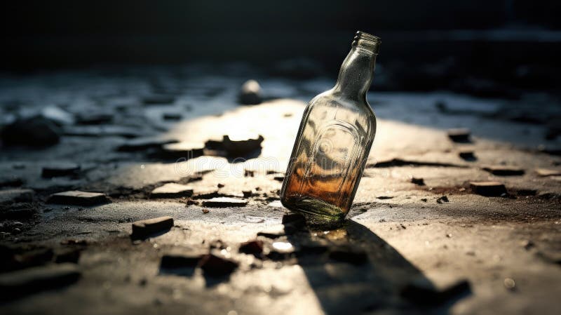 A Bottle of Alcohol Sitting on the Ground, AI Stock Photo - Image of ...