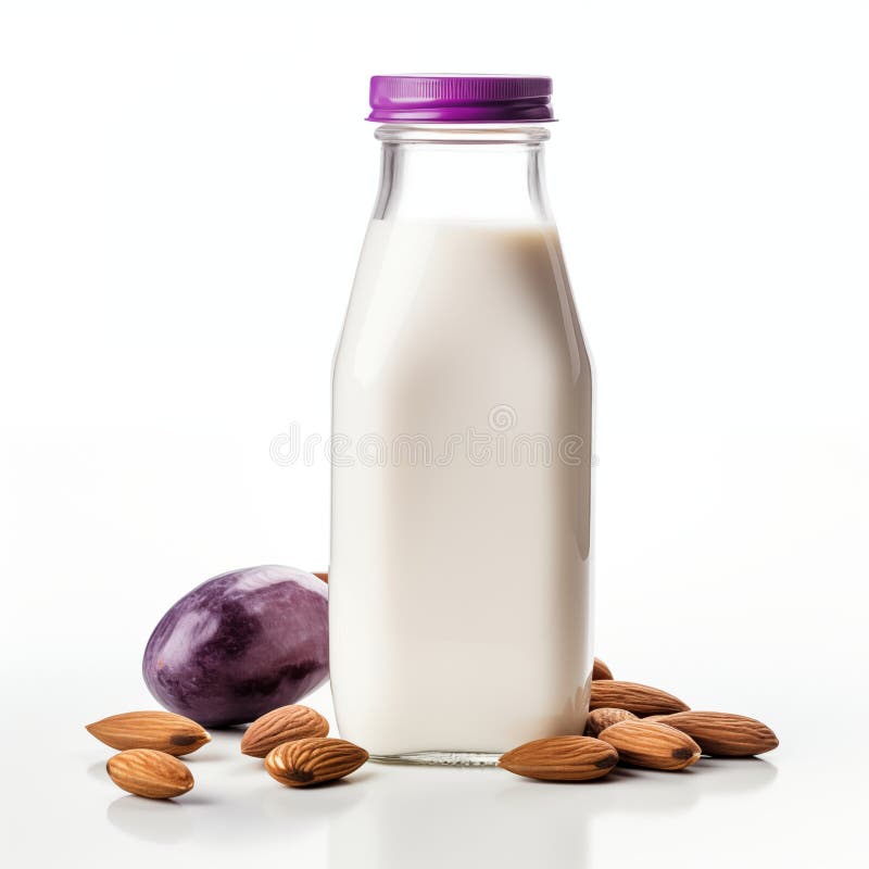 Bottle of Almond Milk with Purple Cap and Almonds on White Background ...