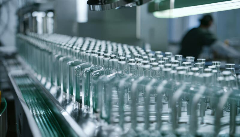 A Bottle Assembly Line with Many Bottles on a Conveyor Belt Stock ...