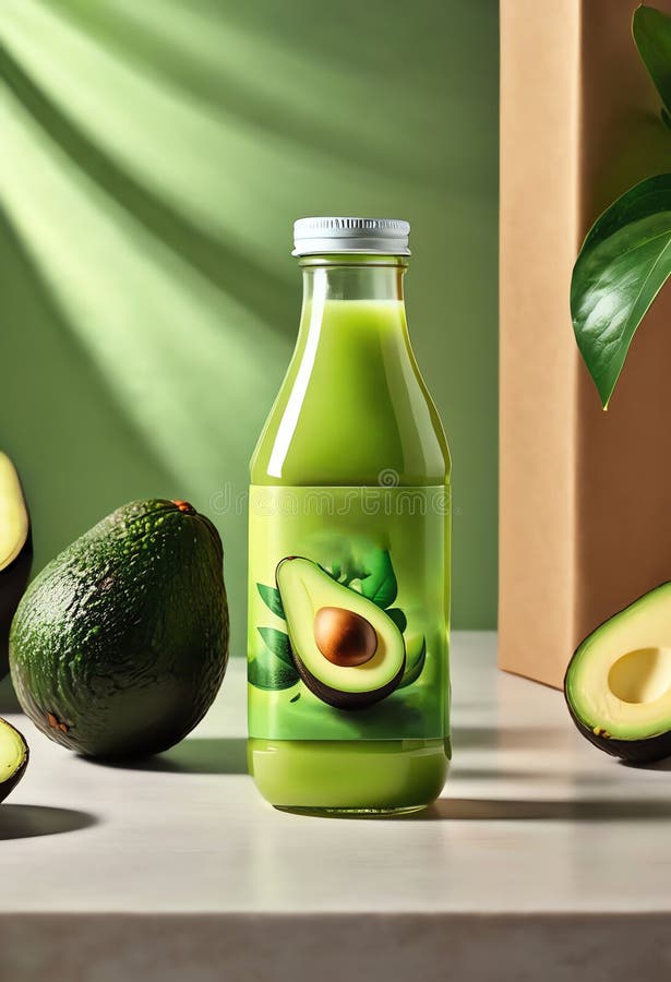 A Bottle of Avocado Juice Mockup with Avocado Fruit Stock Illustration ...