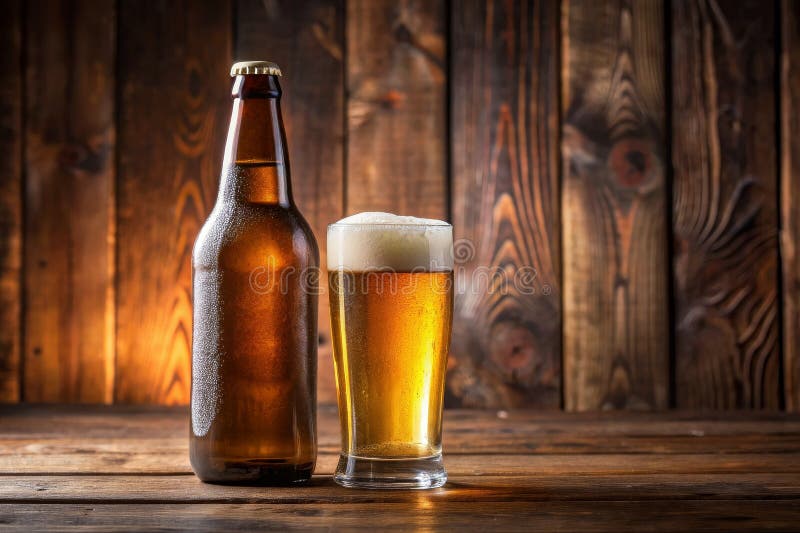 A Bottle of Beer and a Glass of Beer on a Wooden Table Stock ...