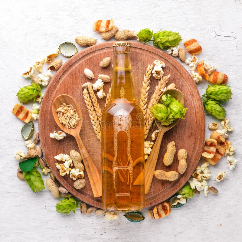 A Bottle of Beer, Hops and Grain. Top View Stock Image - Image of ...