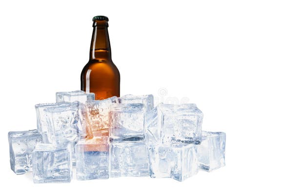 Bottle of Beer and Ice Cubes Isolated on White Stock Photo - Image of ...