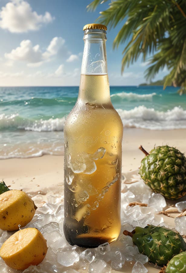 A Bottle of Beer Mockup on Tropical Beach Stock Illustration ...