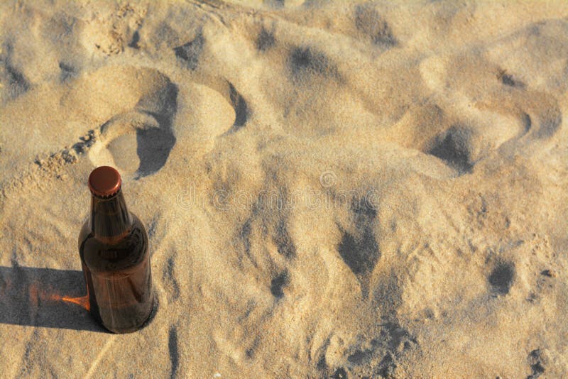Bottle of Beer on Sandy Beach, Above View. Space for Text Stock Image ...