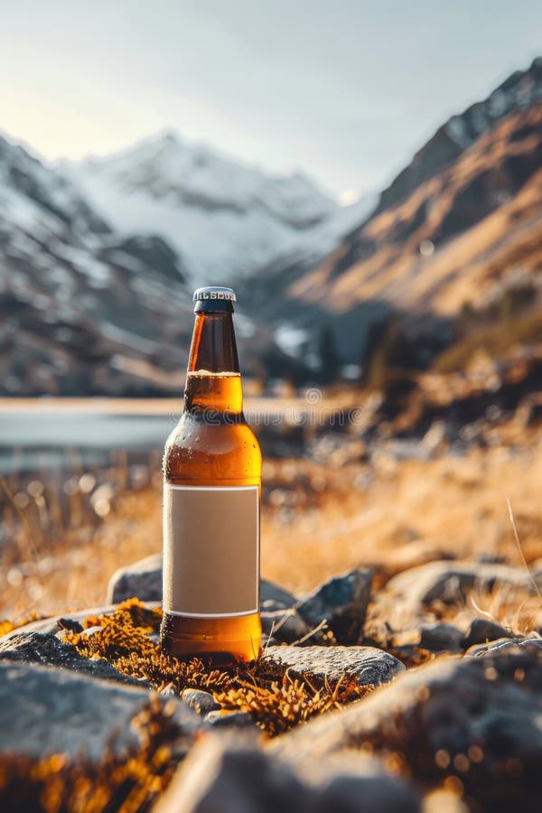 A Bottle of Beer is Sitting on a Rock in a Field Stock Image - Image of ...