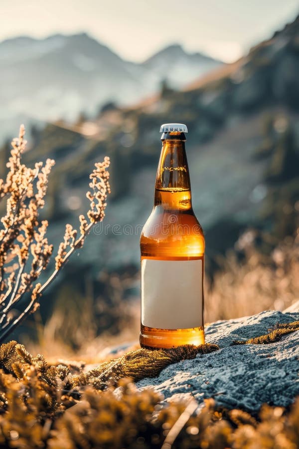 A Bottle of Beer is Sitting on a Rock in a Field Stock Image - Image of ...