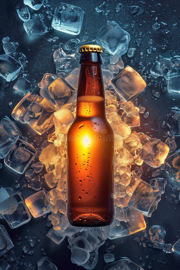 A Bottle of Beer is Sitting on a Table with Ice Cubes Stock ...