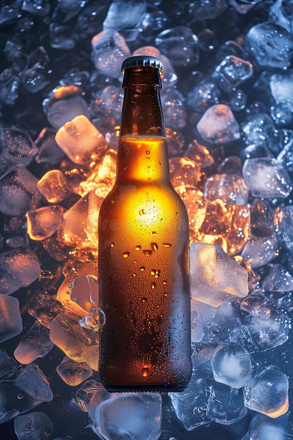 A Bottle of Beer is Sitting on a Table with Ice Cubes Stock ...
