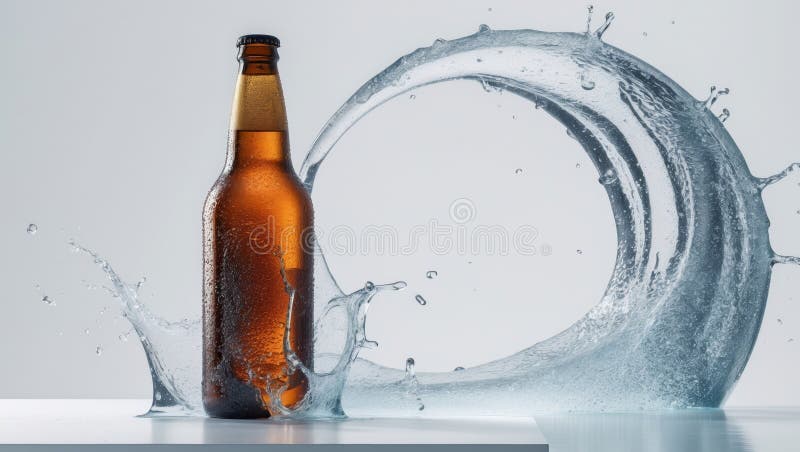 Bottle of Beer is Sitting on a Table with Water Splashing Around it ...