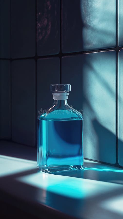 A Bottle of Blue Liquid on a Counter Stock Image - Image of blue, trial ...