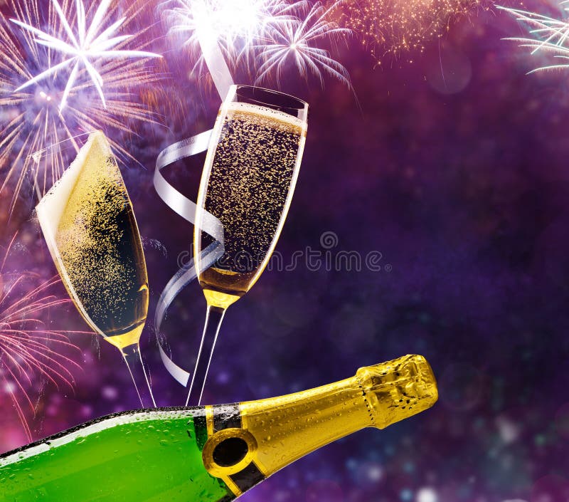 Bottle of Champagne with Glasses Over Fireworks Background Stock Photo ...