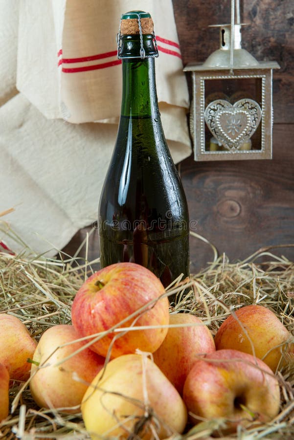 Bottle of Cider with Apples on the Straw Stock Image - Image of fresh ...