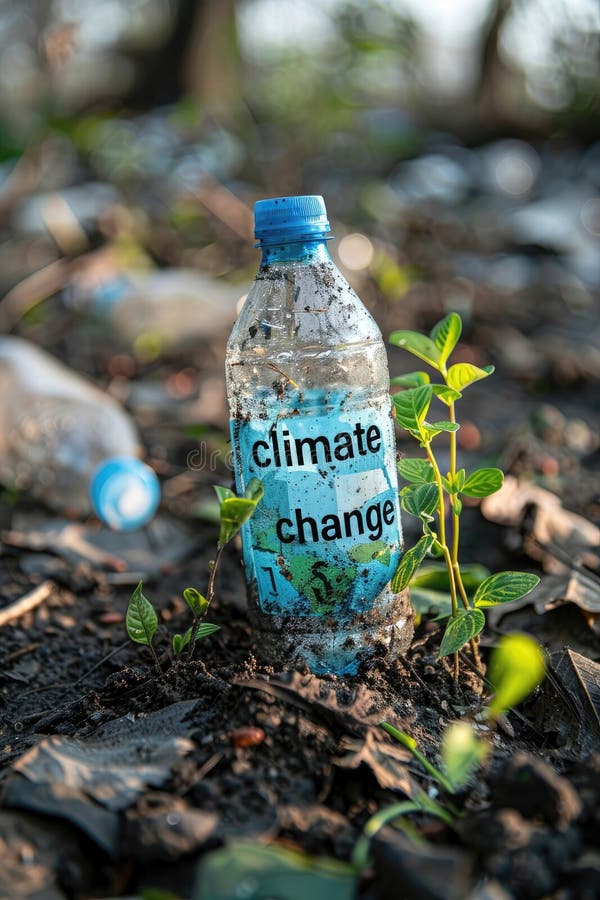 Bottle with Climate Change among Sprouts in Soil. Stock Image - Image ...