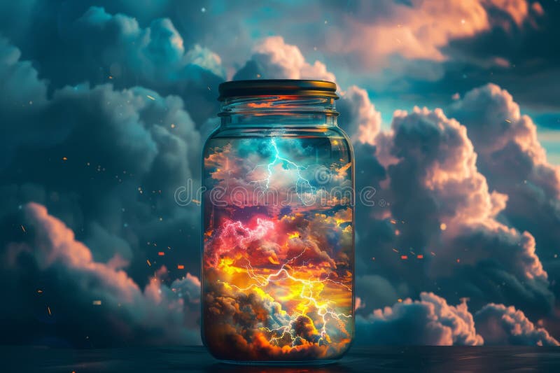 Bottle with Clouds and Lightning, Glass Jar with Colored Clouds Stock ...