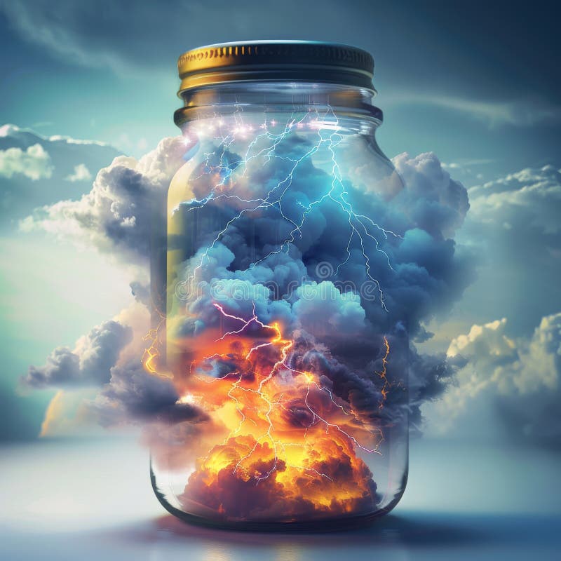 Bottle with Clouds and Lightning, Glass Jar with Colored Clouds Stock ...