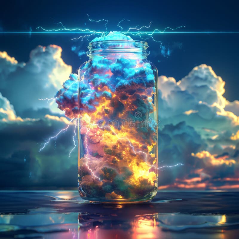 Bottle with Clouds and Lightning, Glass Jar with Colored Clouds Stock ...