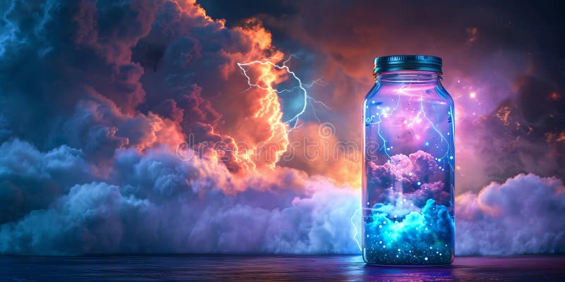 Bottle with Clouds and Lightning, Glass Jar with Colored Clouds Stock ...
