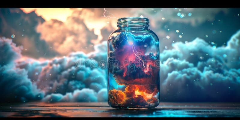 Bottle with Clouds and Lightning, Glass Jar with Colored Clouds Stock ...
