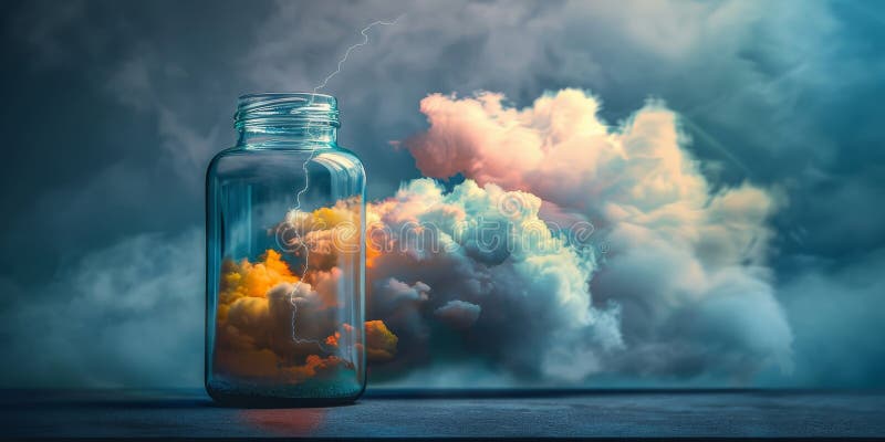 Bottle with Clouds and Lightning, Glass Jar with Colored Clouds Stock ...