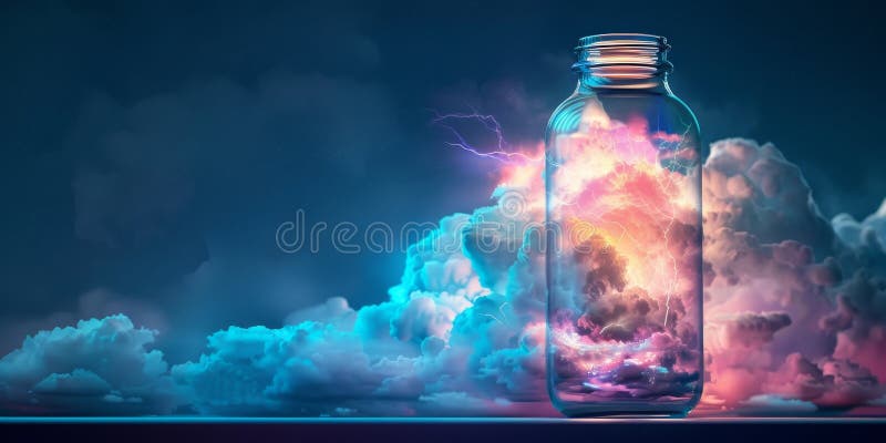 Bottle with Clouds and Lightning, Glass Jar with Colored Clouds Stock ...