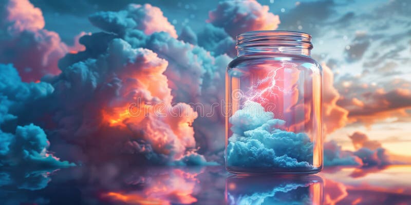 Bottle with Clouds and Lightning, Glass Jar with Colored Clouds Stock ...